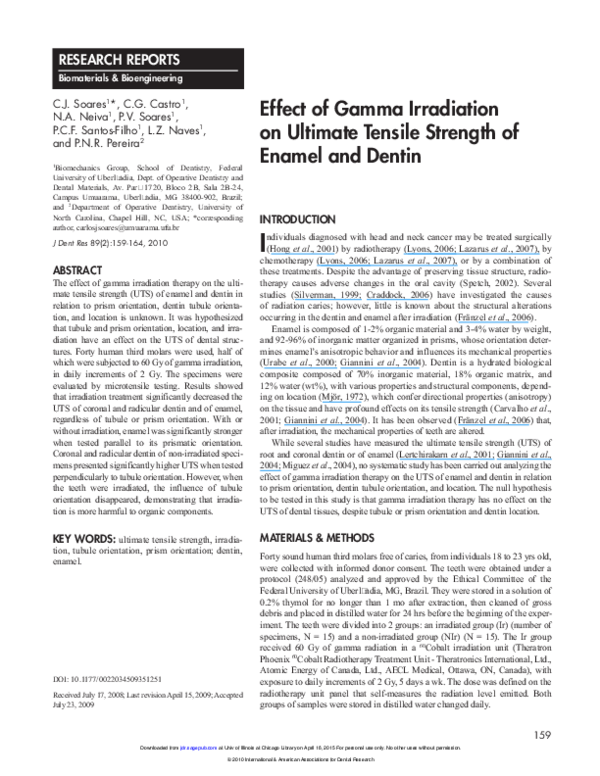 (PDF) Effect of Gamma Irradiation on Ultimate Tensile Strength of Enamel and Dentin