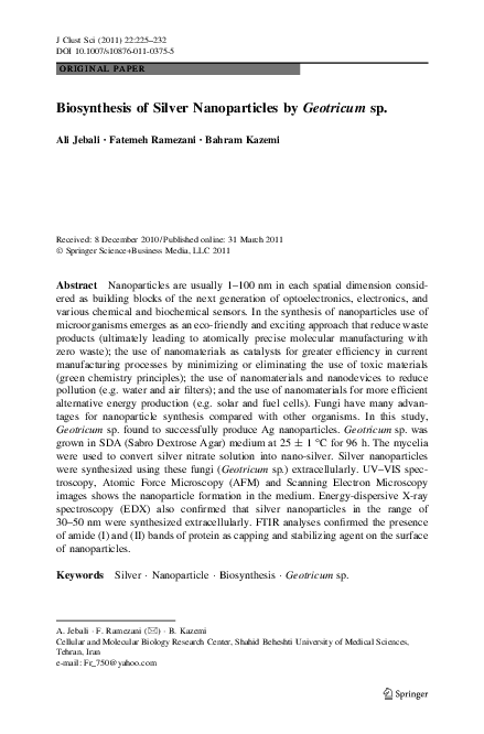 (PDF) Biosynthesis of Silver Nanoparticles by Geotricum sp