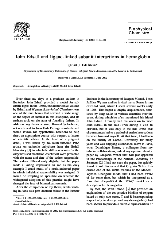 (PDF) John Edsall and ligand-linked subunit interactions in hemoglobin