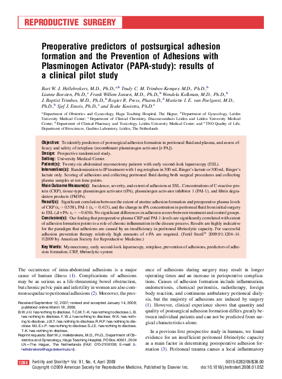 (PDF) Tissue markers as predictors of postoperative adhesions | Bo ...