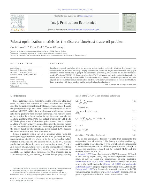 (PDF) Robust optimization models for the discrete time/cost trade-off problem