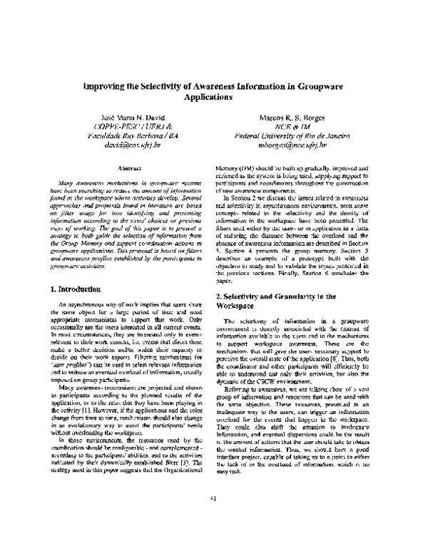 (PDF) Improving the selectivity of awareness information in groupware applications | Marcos ...