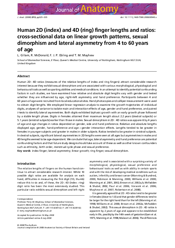 (PDF) Human 2D (index) and 4D (ring) finger lengths and ratios: cross ...