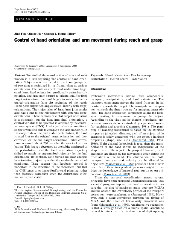 (PDF) Control of hand orientation and arm movement during reach and grasp