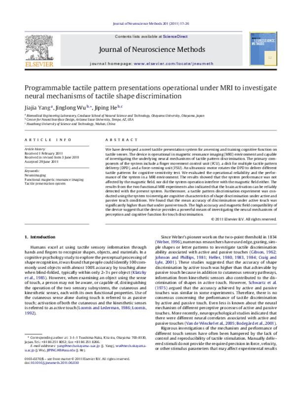 (PDF) Programmable tactile pattern presentations operational under MRI to investigate neural ...