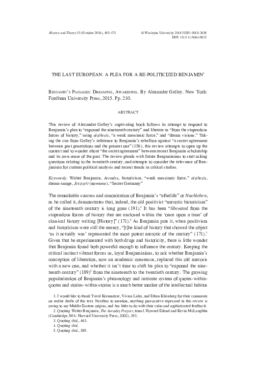 (PDF) "The Last European: A plea for a Re-Politicized Benjamin," A ...