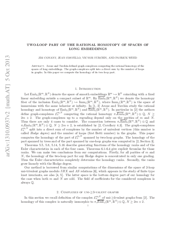 Pdf Two Loop Part Of The Rational Homotopy Of Spaces Of Long Embeddings Jim Conant