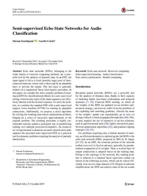 Pdf Semi Supervised Echo State Networks For Audio Classification
