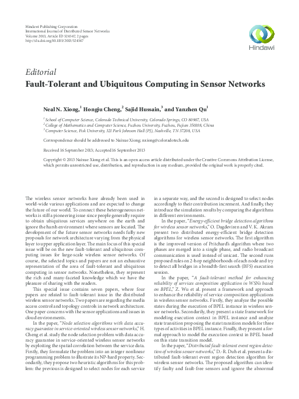 Pdf Fault Tolerant And Ubiquitous Computing In Sensor Networks