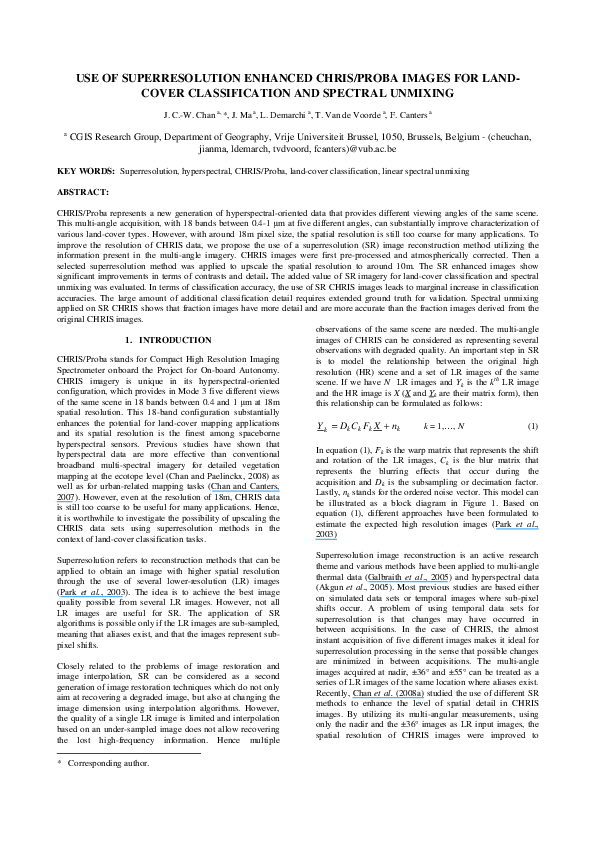 (PDF) Use of superresolution enhanced CHRIS/Proba images for land-cover classification and ...