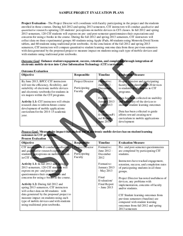 (PDF) SAMPLE PROJECT EVALUATION PLANS