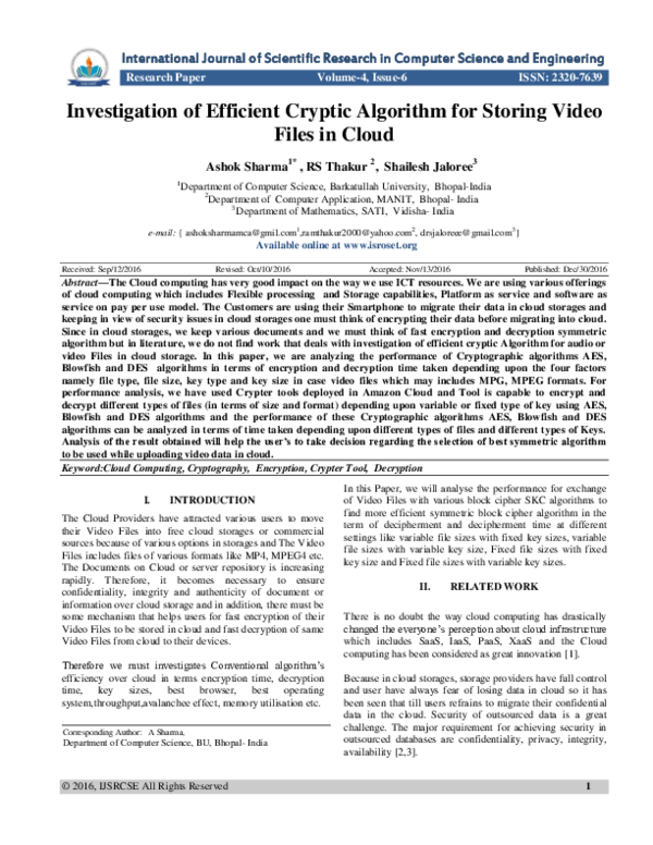 (PDF) Investigation of Efficient Cryptic Algorithm for Storing Video ...