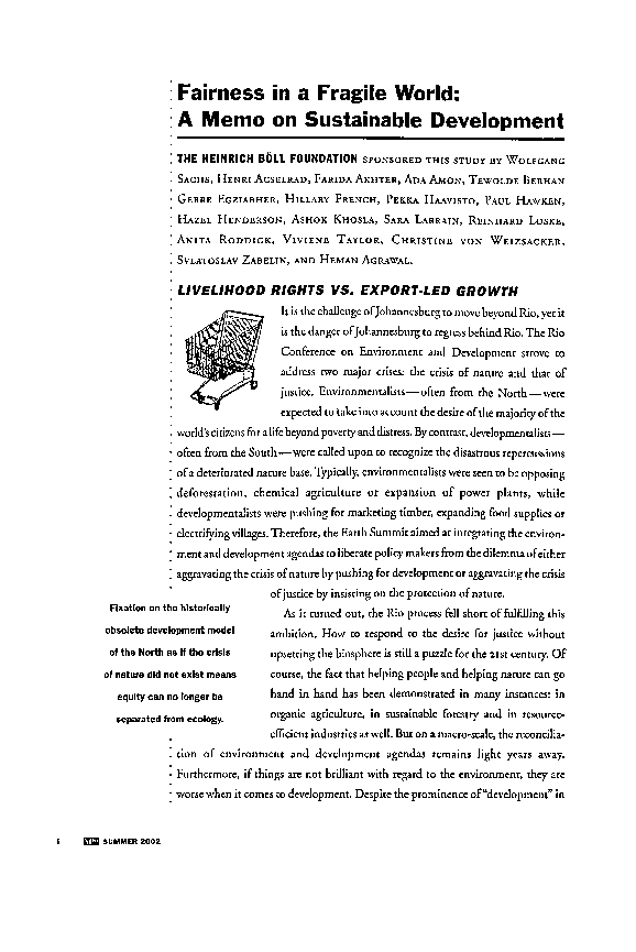 (PDF) Fairness in a Fragile World: A Memo on Sustainable Development