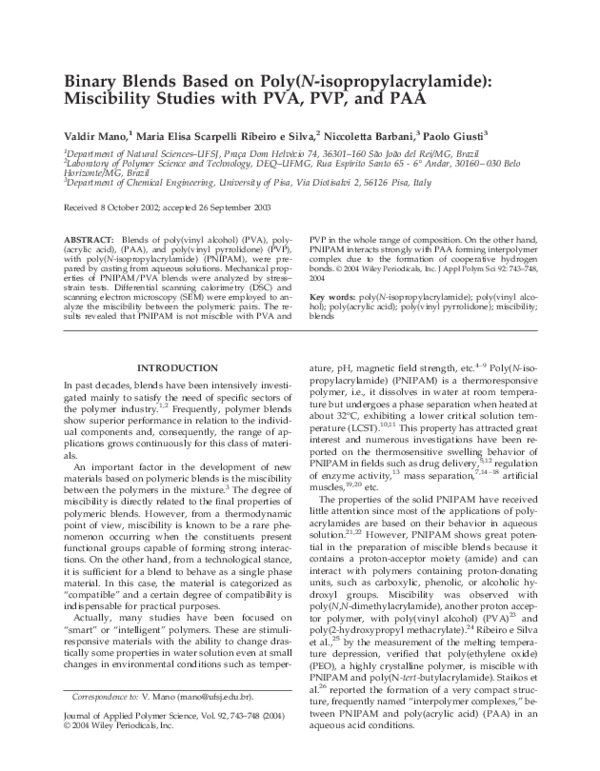 (PDF) Binary blends based on poly(N-isopropylacrylamide): Miscibility studies with PVA, PVP, and PAA