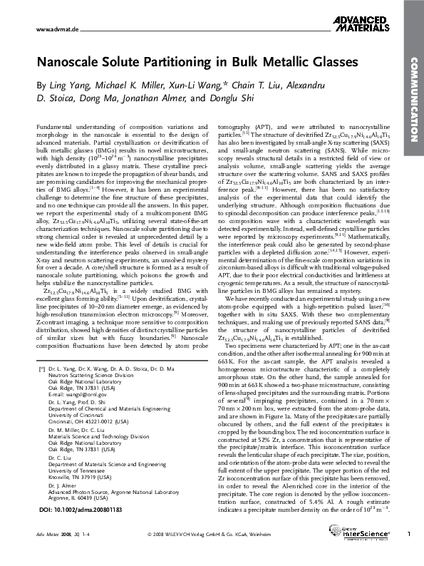 (PDF) Nanoscale Solute Partitioning in Bulk Metallic Glasses