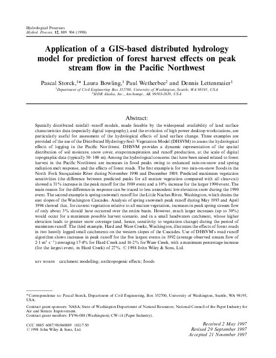 Pdf Application Of A Gis Based Distributed Hydrology Model For Prediction Of Forest Harvest