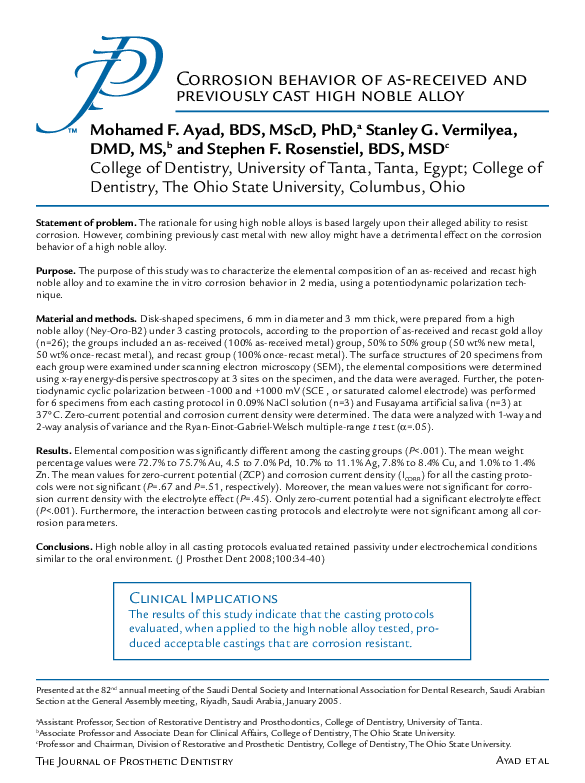 (PDF) Corrosion behavior of as-received and previously cast high noble ...