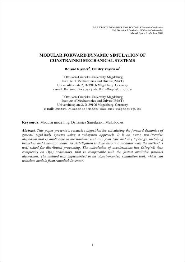 (PDF) Modular Forward Dynamic Simulation of Constrained Mechanical Systems | Roland Kasper ...