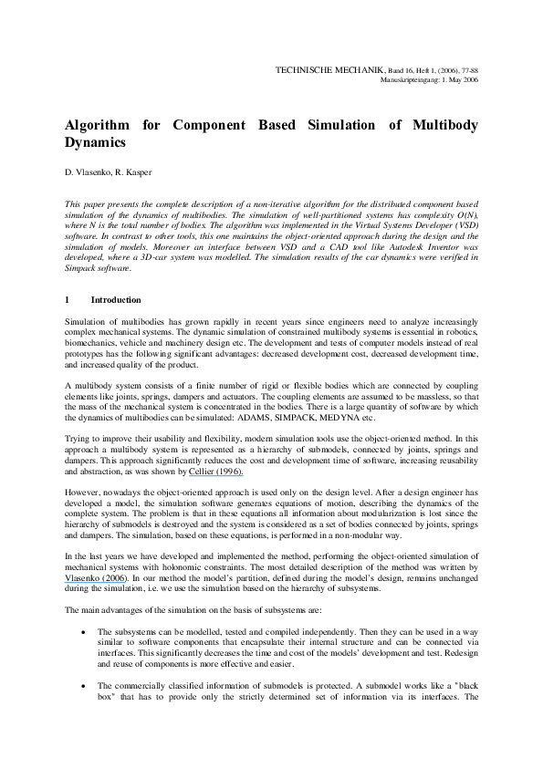 Pdf Algorithm For Component Based Simulation Of Multibody Dynamics