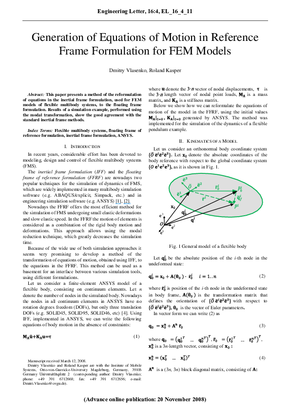 Pdf Generation Of Equations Of Motion In Reference Frame Formulation For Fem Models
