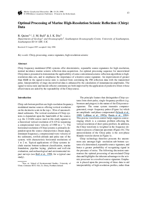 Pdf Optimal Processing Of Marine High Resolution Seismic Reflection Chirp Data