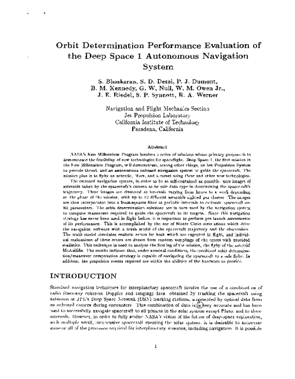 Pdf Orbit Determination Performance Evaluation Of The Deep Space 1 Autonomous Navigation System