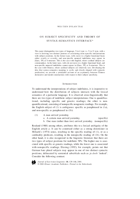 (PDF) On Subject Specificity and Theory of Syntax-Semantics Interface