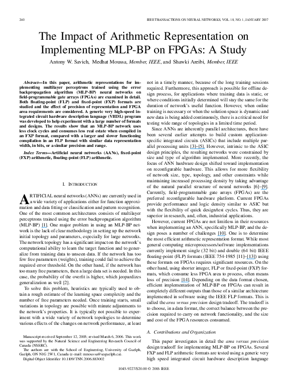 (PDF) The impact of arithmetic representation on implementing MLP-BP on FPGAs: A study