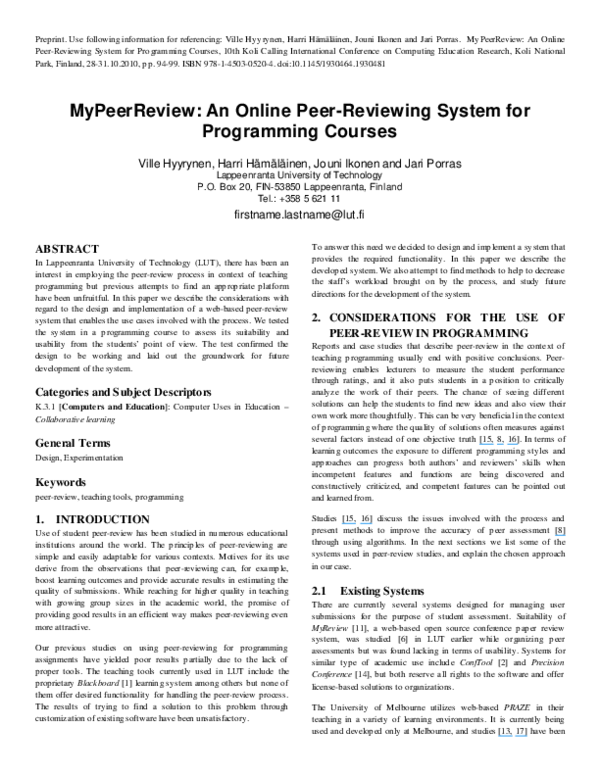 (PDF) MyPeerReview: an online peer-reviewing system for programming courses