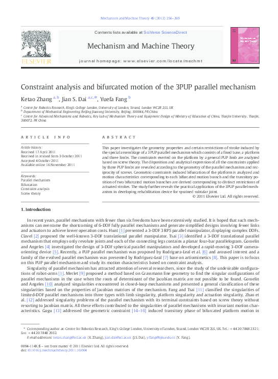 (PDF) Constraint analysis and bifurcated motion of the 3PUP parallel mechanism