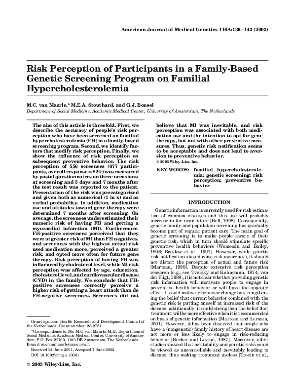 (PDF) Risk perception of participants in a family-based genetic ...