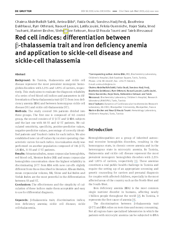 (PDF) Red cell indices: differentiation between β-thalassemia trait and iron deficiency anemia ...