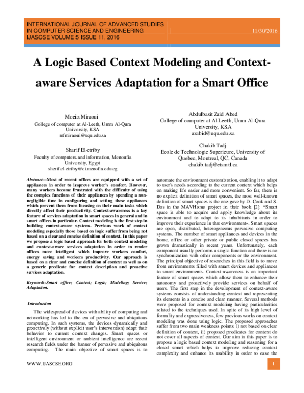 (PDF) A Logic Based Context Modeling and Context- aware Services Adaptation for a Smart Office