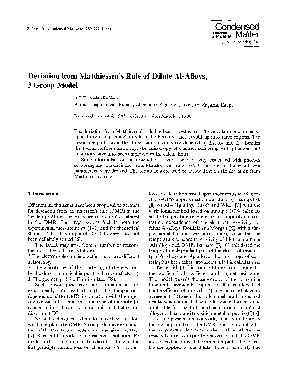 (PDF) Deviation from Matthiessen's rule of dilute al-alloys, 3 group model