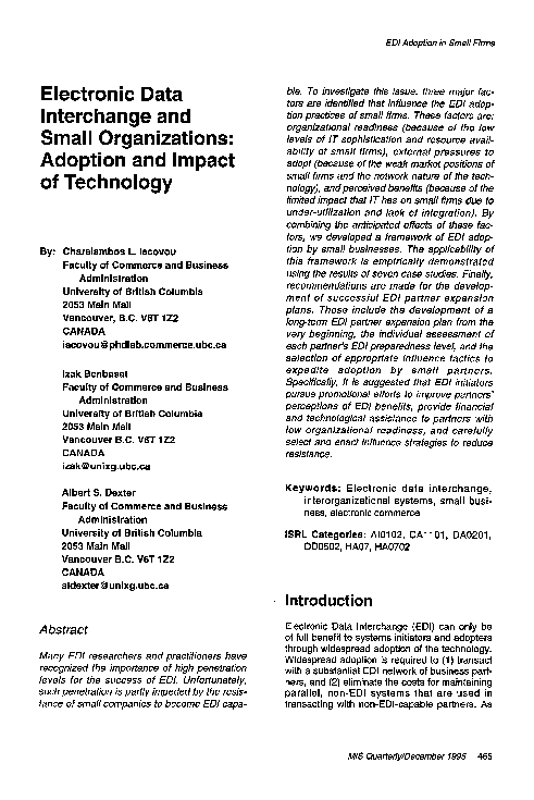 (PDF) Electronic data interchange and small organizations: adoption and impact of technology