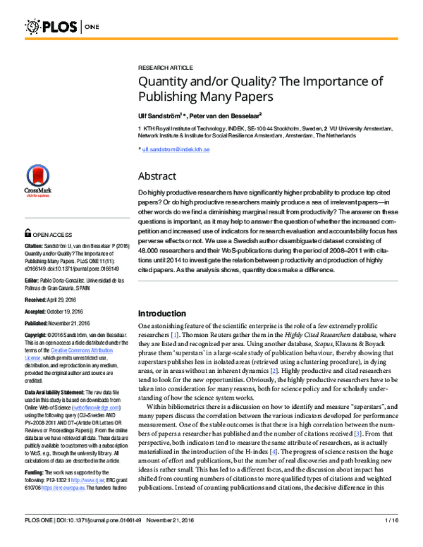 (PDF) Quantity and/or Quality? The Importance of Publishing Many Papers