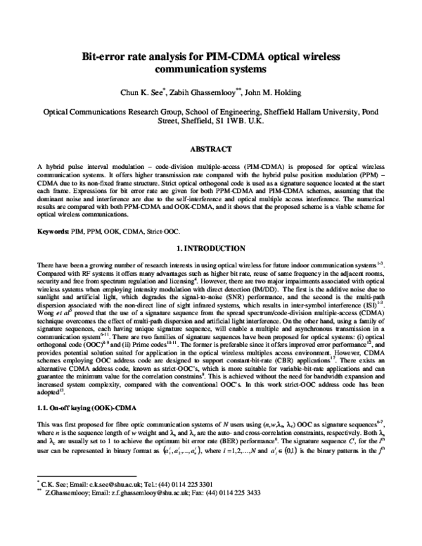 Pdf Bit Error Rate Analysis For Pim Cdma Optical Wireless