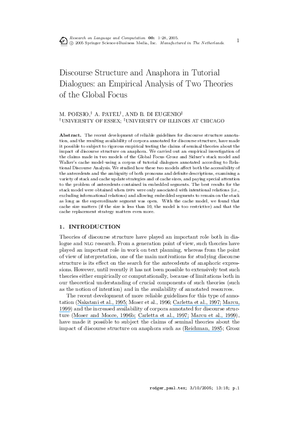 Pdf Discourse Structure And Anaphora In Tutorial Dialogues An Empirical Analysis Of Two