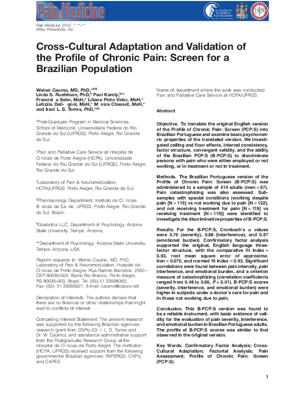(PDF) Cross-Cultural Adaptation and Validation of the Profile of Chronic Pain: Screen for a ...