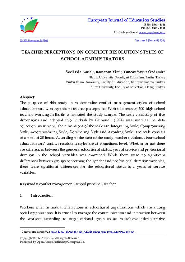 (PDF) TEACHER PERCEPTIONS ON CONFLICT RESOLUTION STYLES OF SCHOOL ...