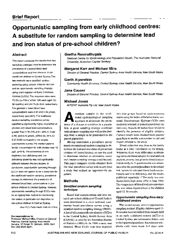 (PDF) Opportunistic sampling from early childhood centres: A substitute ...