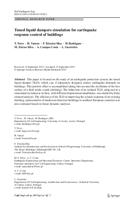 (PDF) Tuned liquid dampers simulation for earthquake response control of buildings