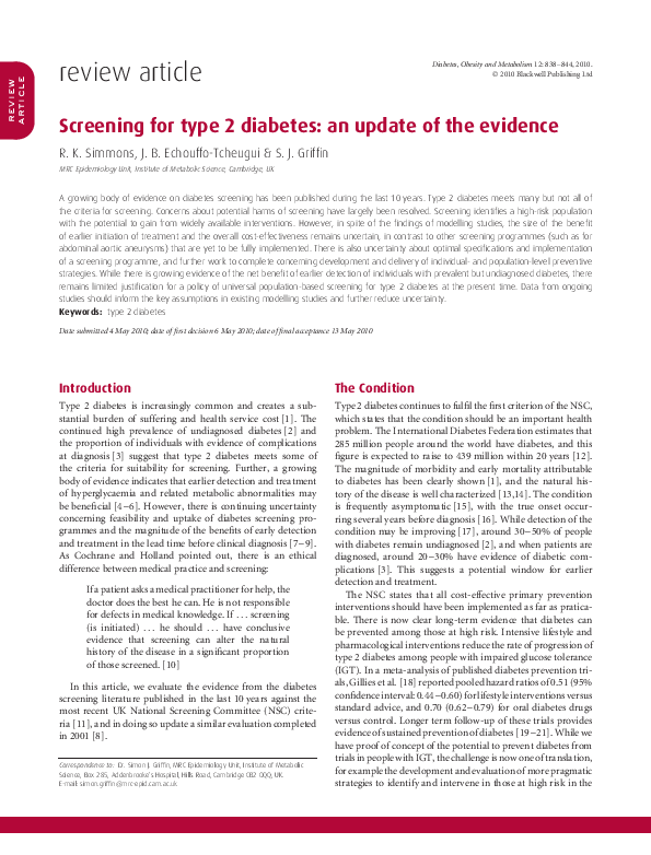 (PDF) Screening for type 2 diabetes: an update of the evidence