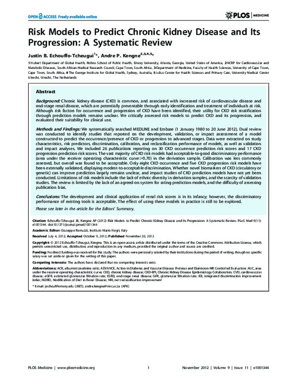 (PDF) Risk Models to Predict Chronic Kidney Disease and Its Progression ...