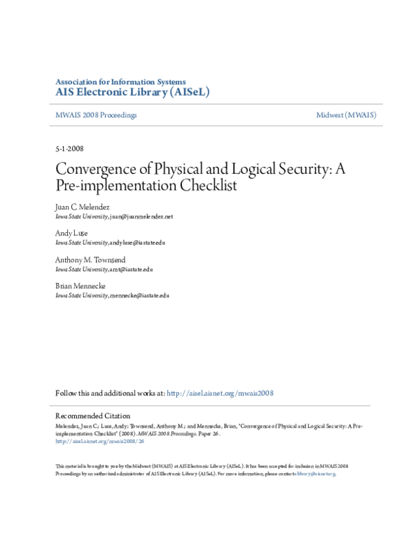 (PDF) Convergence of Physical and Logical Security: A Pre-implementation Checklist