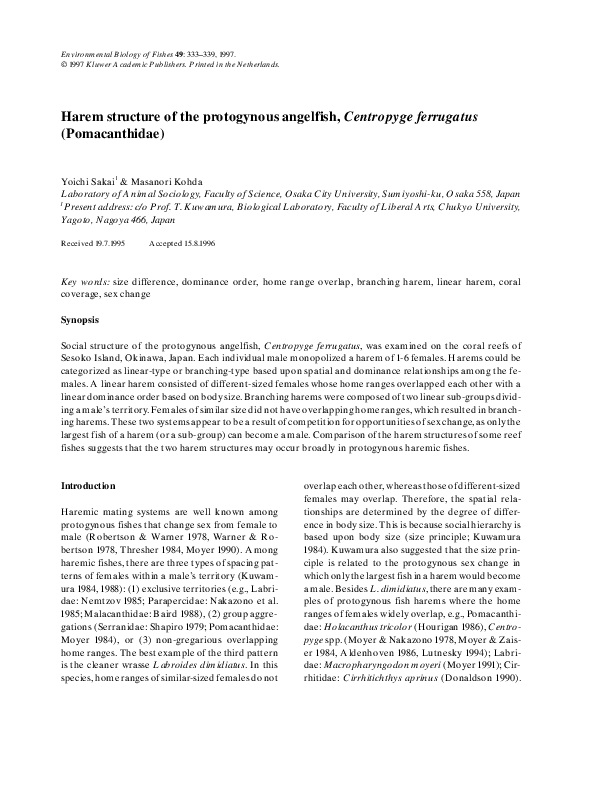 (PDF) Harem structure of the protogynous angelfish, Centropyge ...
