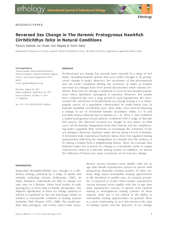 (PDF) Reversed Sex Change in The Haremic Protogynous Hawkfish ...