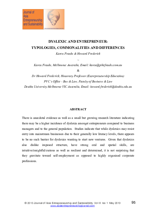 (PDF) Dyslexic and Entrepreneur: Typologies, Commonalities and Differences
