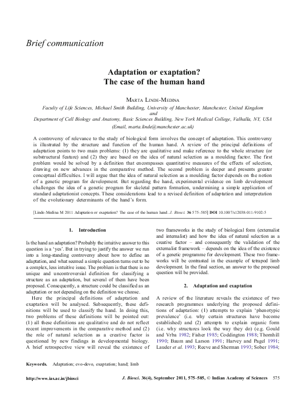 (PDF) Adaptation or exaptation? The case of the human hand