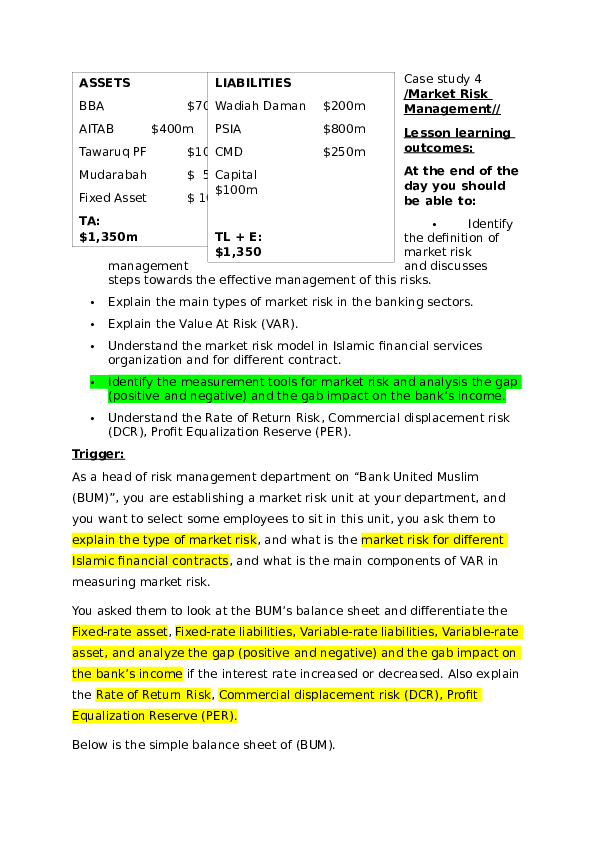 (DOC) Case study 4 //Market Risk Management